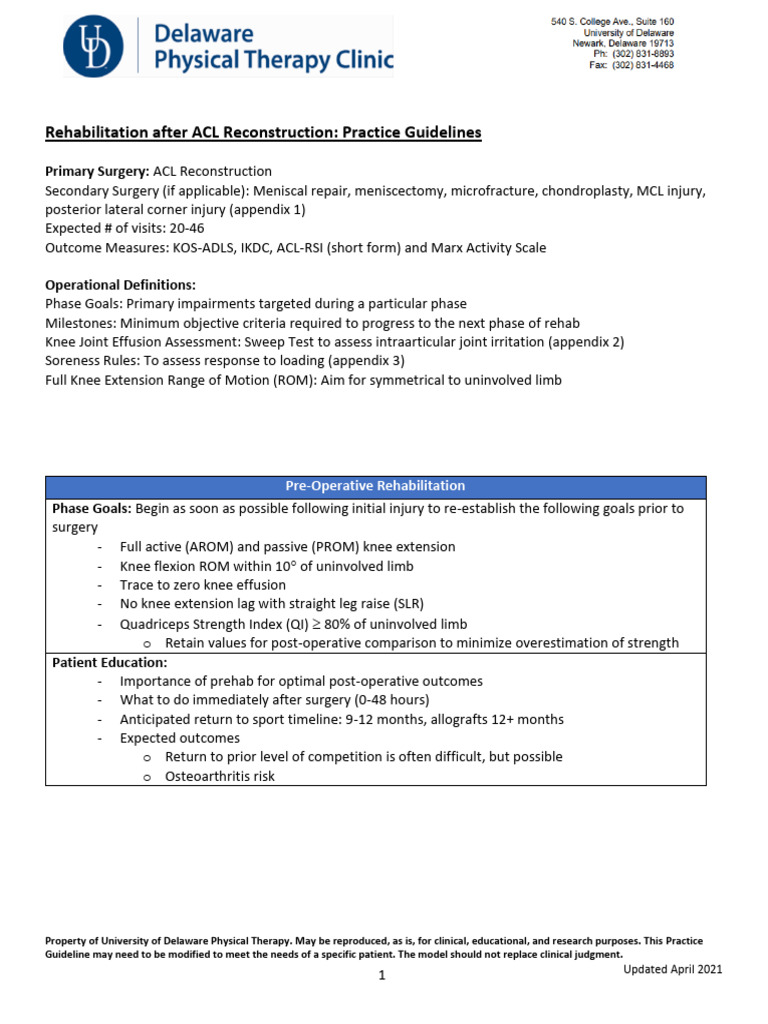 Udpt Acl Rehab Guideline Revised | PDF | Knee | Strength Training