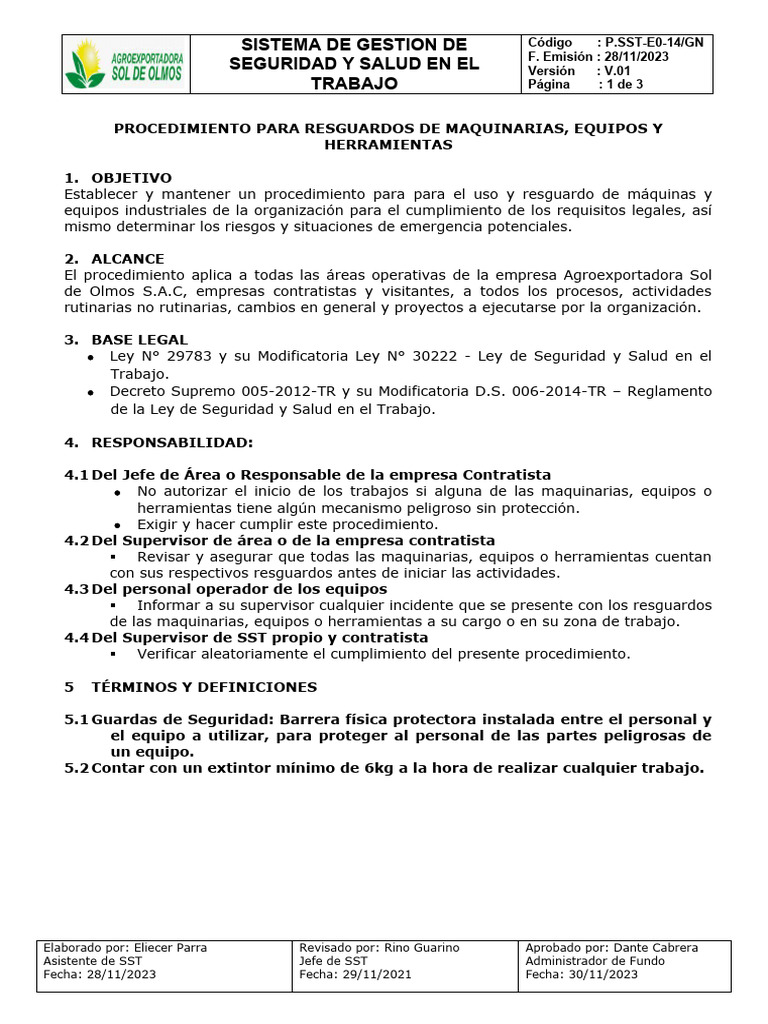 P Sst E0 14 Gn Procedimiento Para Resguardos De Maquinarias Equipos Y