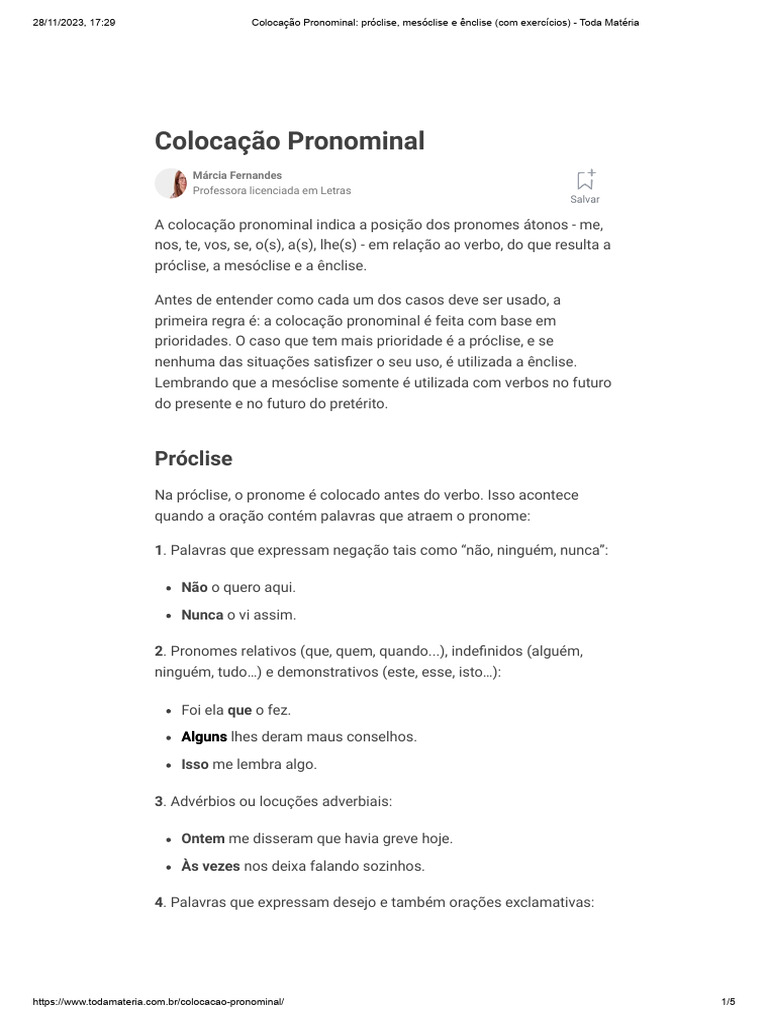 Colocação Pronominal - Próclise, Mesóclise e Ênclise (Com Exercícios ...