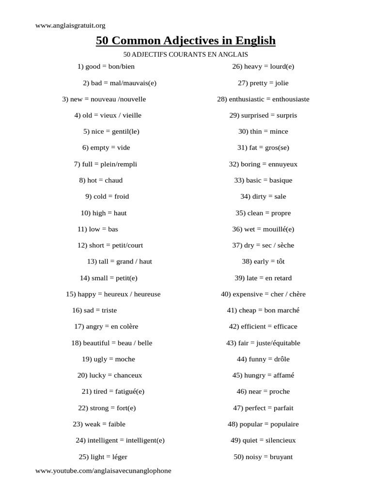 50 Common English Adjectives List | PDF