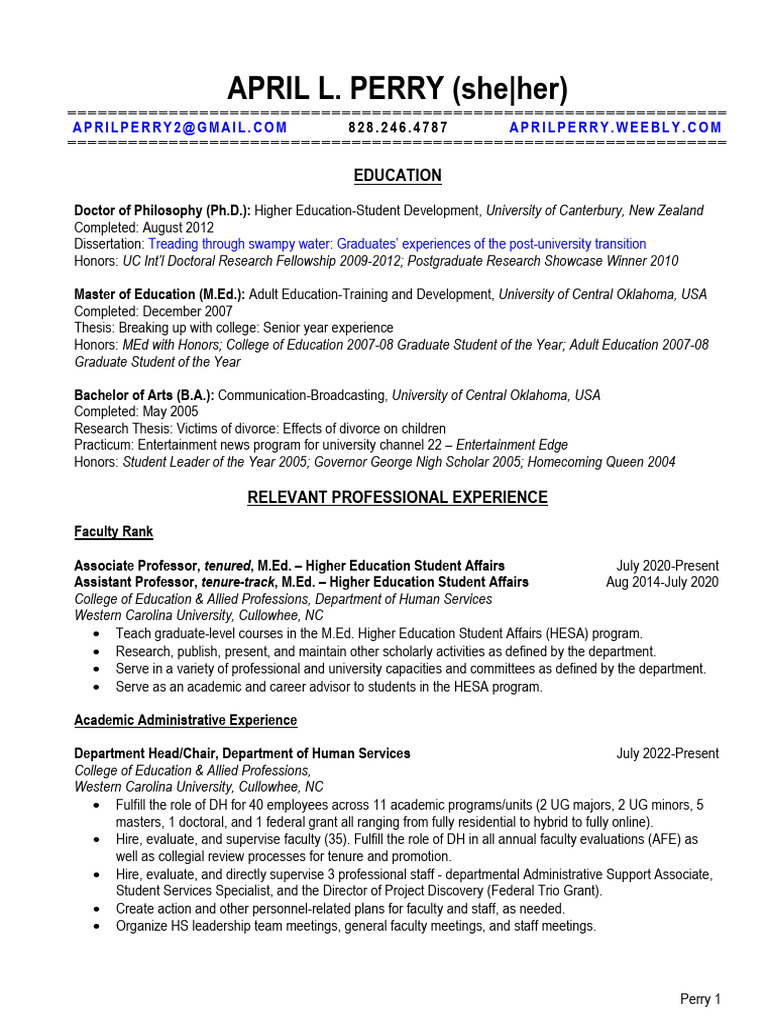 April L Perry PHD CV November 2023 | PDF | Student Affairs | Service ...
