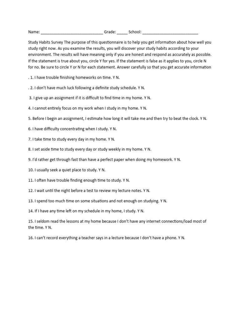 Study Habits Survey Analysis | PDF | Language Arts & Discipline | Self ...
