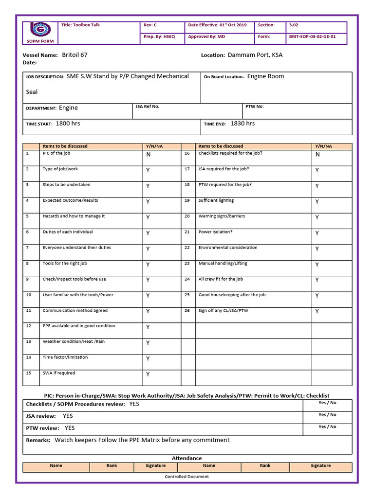 BRIT-SOP-03-02-GE-01 Toolbox Talk | PDF | Workplace | Occupational Safety And Health