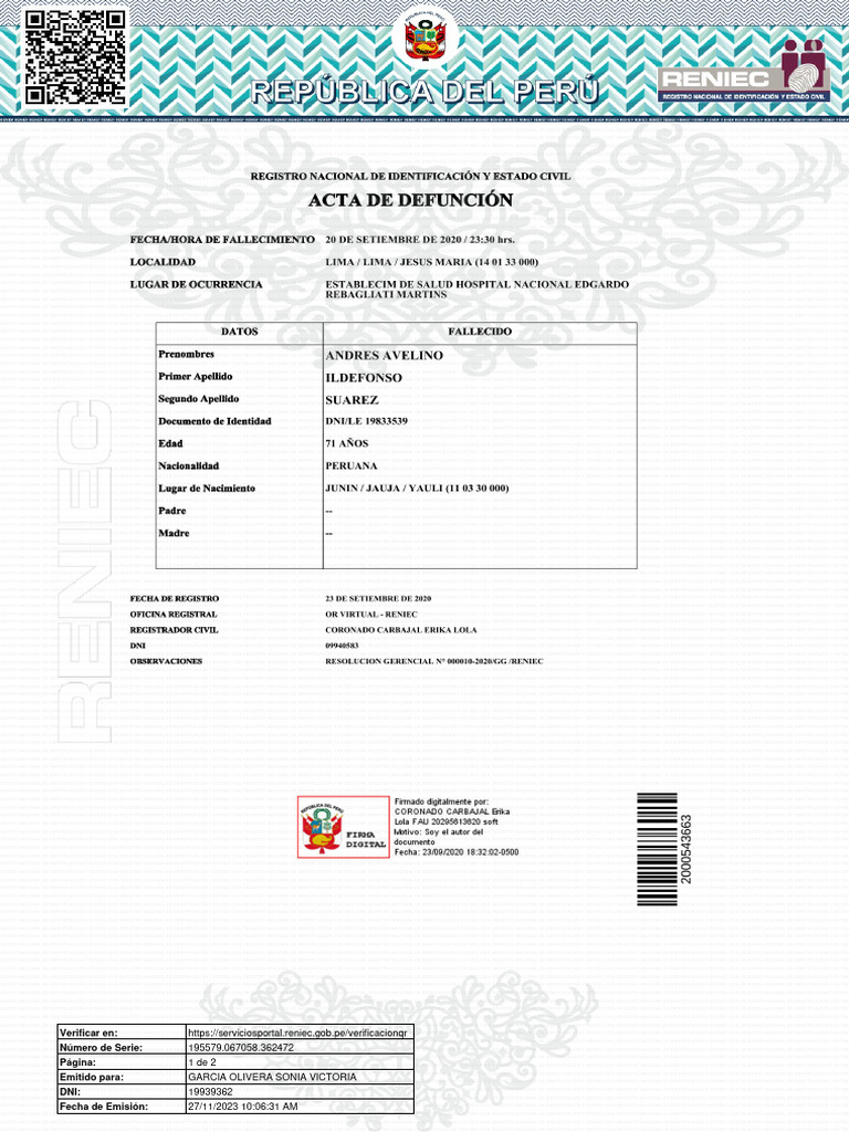 Acta Defunción Peru | PDF | Gobierno y personalidad | Perú