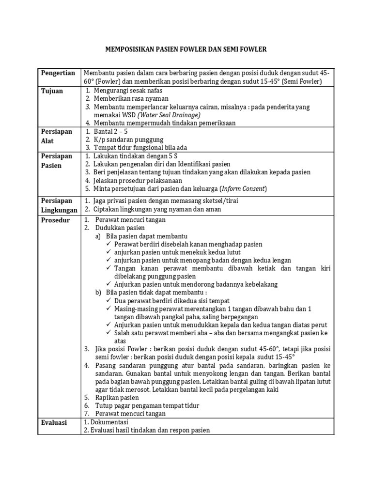 SOP Memberikan Posisi Semi Fowler-Fowler-Fisioterapi Dada-Dll | PDF