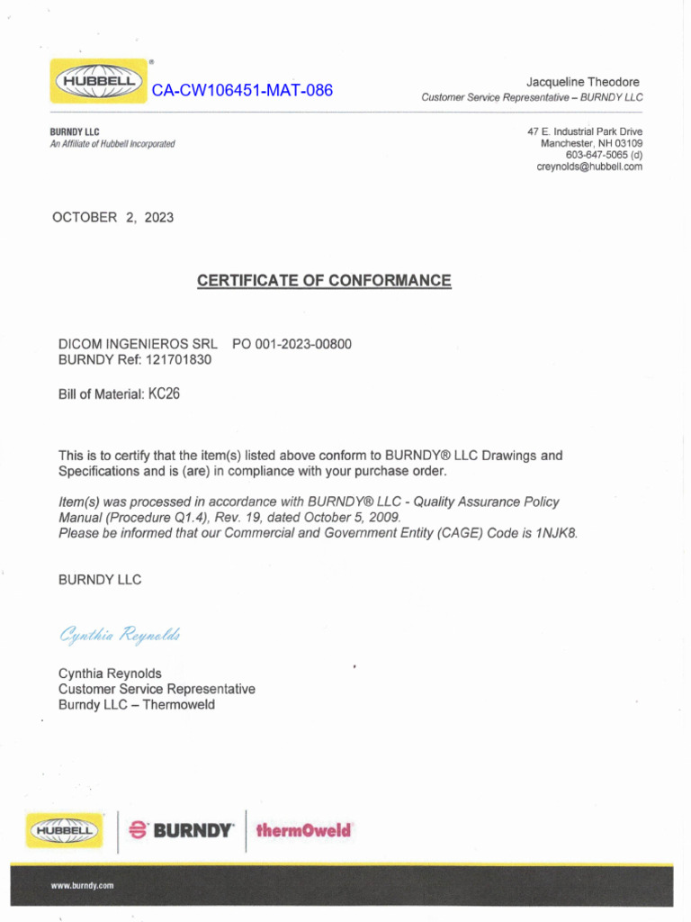 Ca-Cw106451-Mat-086 Certficado de Calidad de Concetor Perno Partido ...