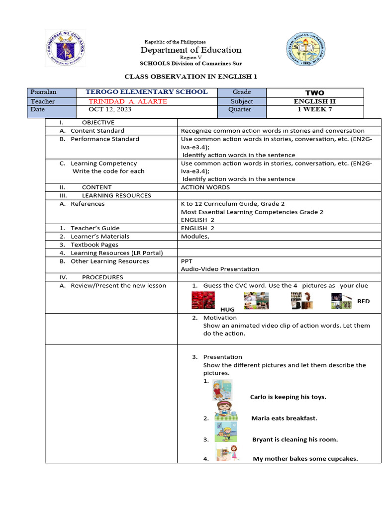 Action Words Lesson Plan for Grade 2 | PDF | Learning | Lesson Plan