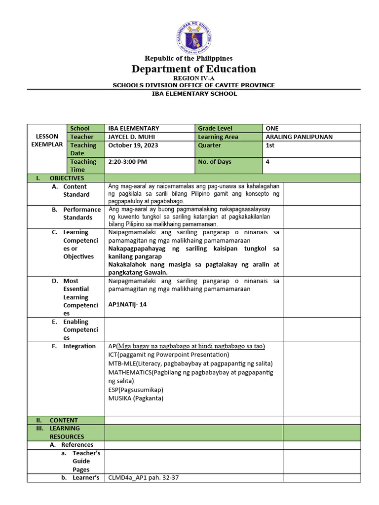 ARALING PANLIPUNAN 1 Lesson Exemplar COT OCT 19 | PDF