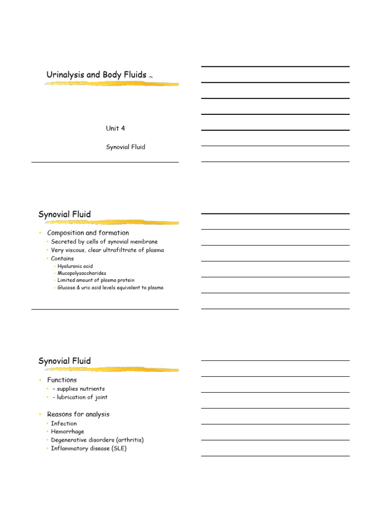 Urinalysis and Body Fluids CRg. Synovial Fluid. Synovial Fluid. Unit 4 ... Urinalysis and Body Fluids CRg. Synovial Fluid. Synovial Fluid. Unit 4 ...