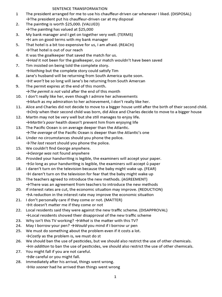 Sentence Transformation Examples | PDF