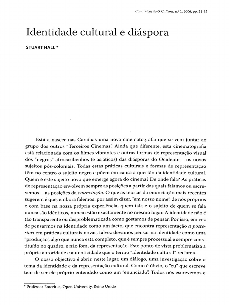 HALL, Stuart. Identidade Cultural e Diáspora | PDF | Jamaica | África HALL, Stuart. Identidade Cultural e Diáspora | PDF | Jamaica | África