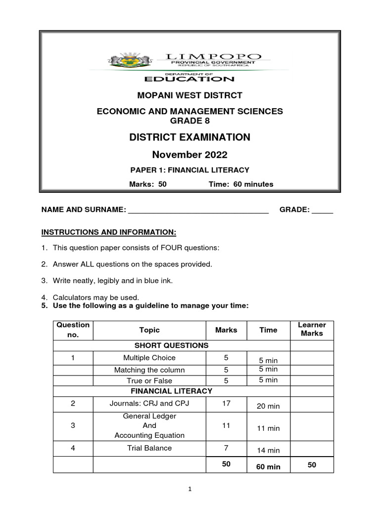 Final QP Gr8-Ems-Nov-Test-P1-2022. - 085557 | PDF | Debits And Credits ...