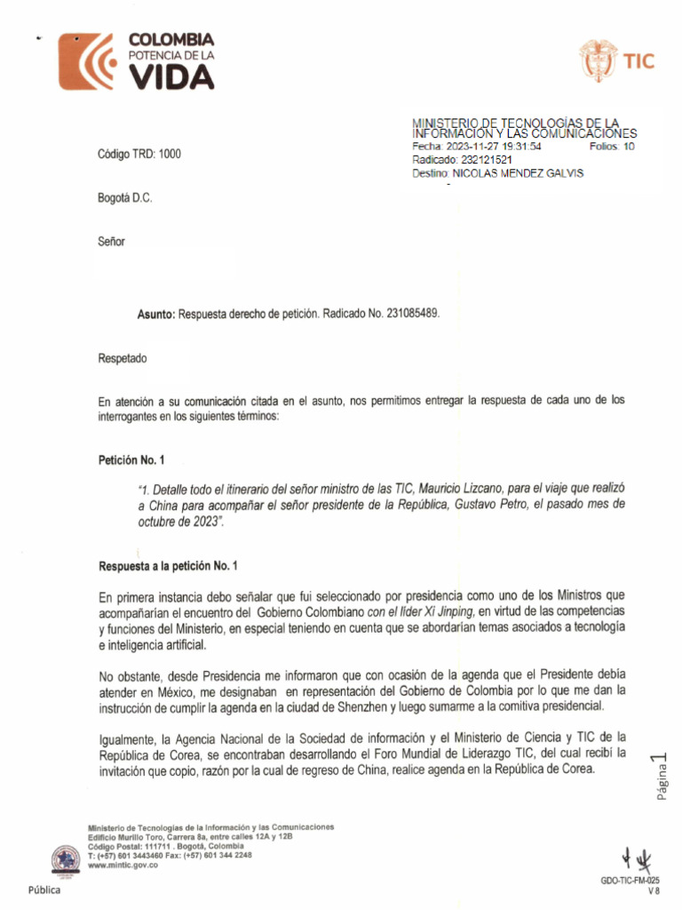 Respuesta Rad Mintic 231085489 | PDF
