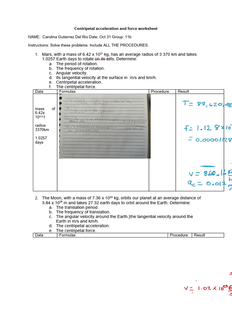 Carolina Fernandez Casio - Classwork III Centripetal Acceleration and ...