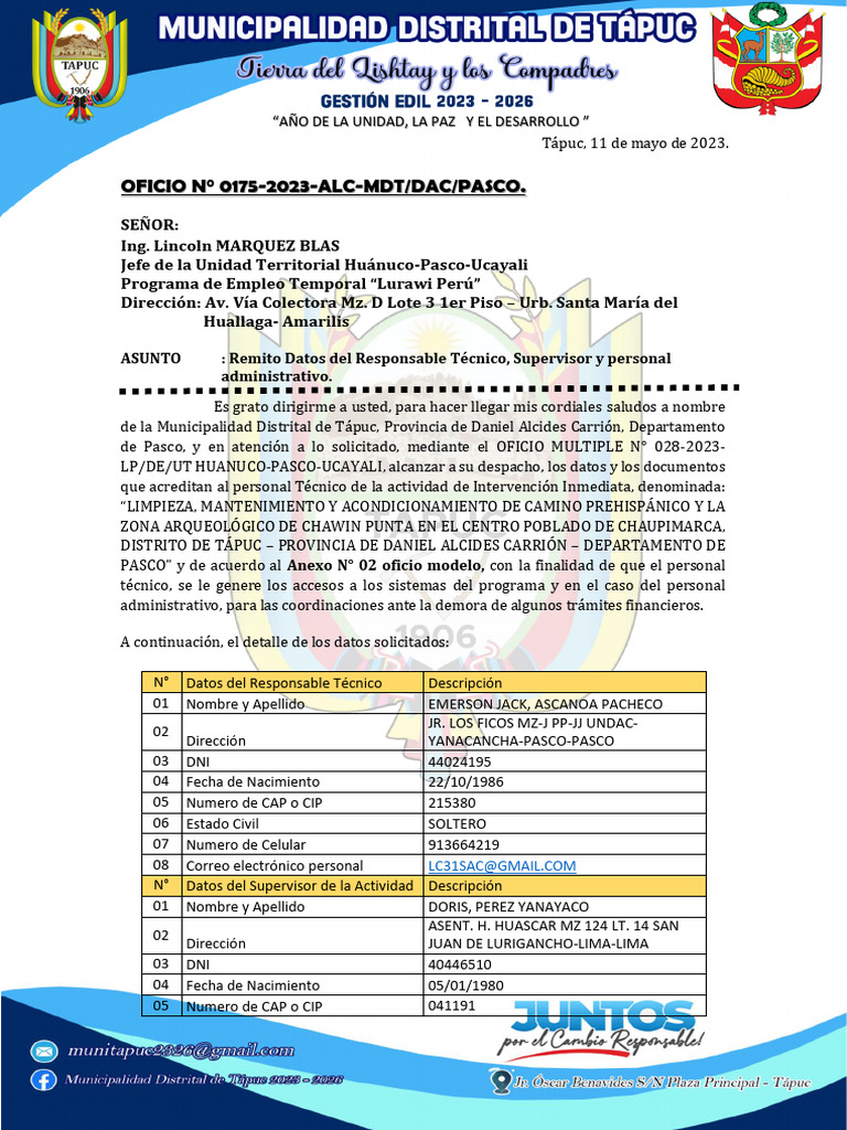 OFICIO - # - 175-2023-REMITO - Datos de Los Responsables CHAWIN | PDF