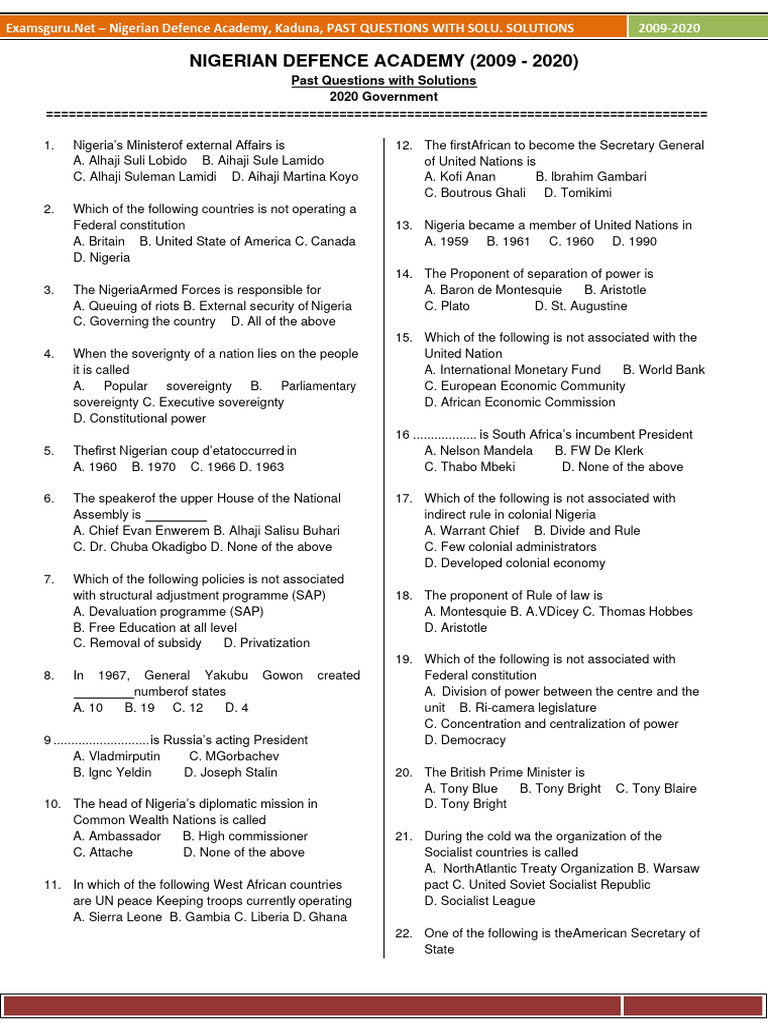 NDA Past Questions - Government (2009 - 2020) | PDF | Nigeria ...