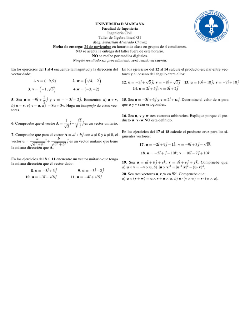 3 Taller de Álgebra Lineal G1 | PDF | Geometría | Álgebra abstracta