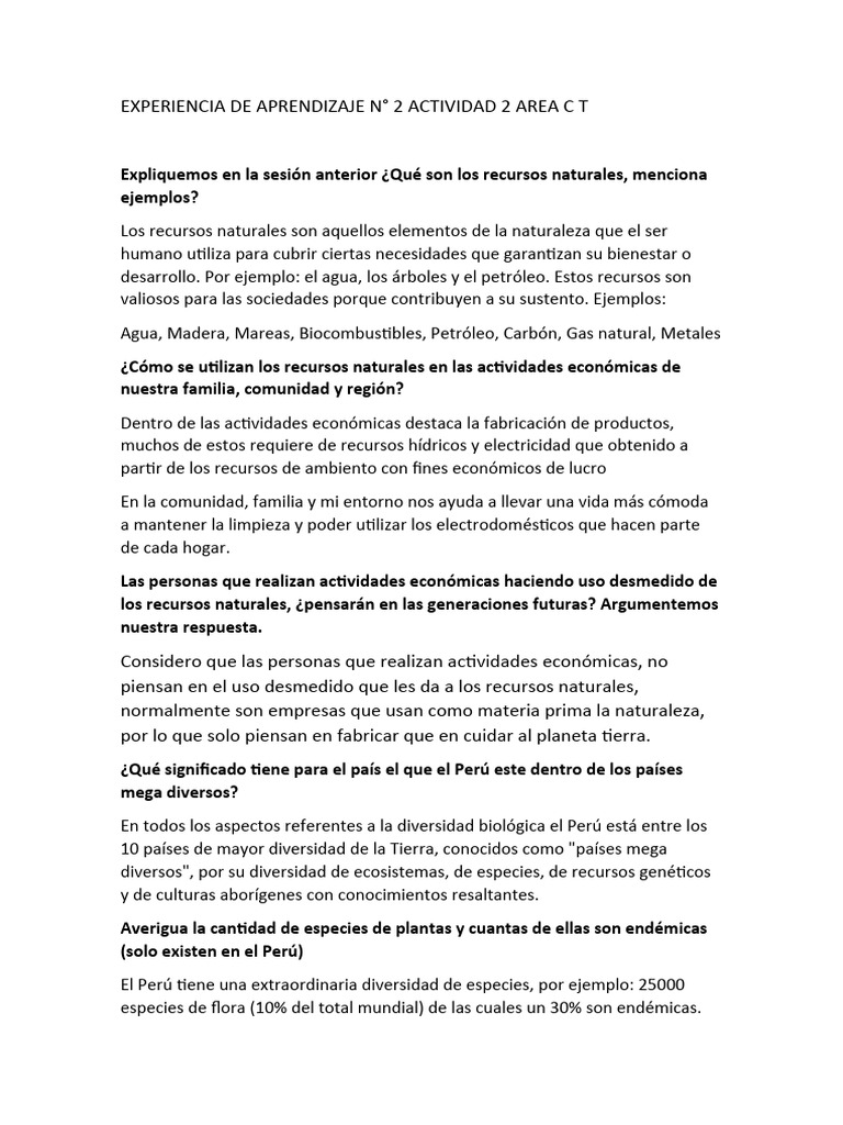 Experiencia de Aprendizaje #2 Actividad 2 Area C T | PDF | Biodiversidad | Agua