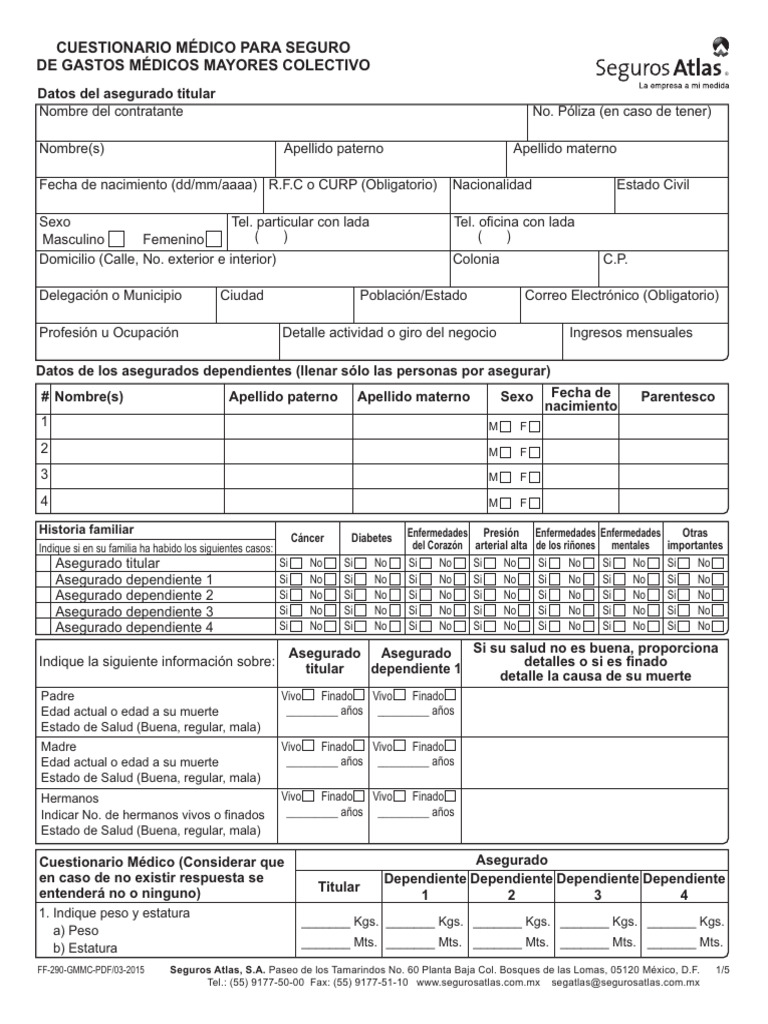 Cuestionario Médico Para Seguro de Gastos Médicos Mayores Colectivo Ff-290-PDF | PDF | Póliza de ...