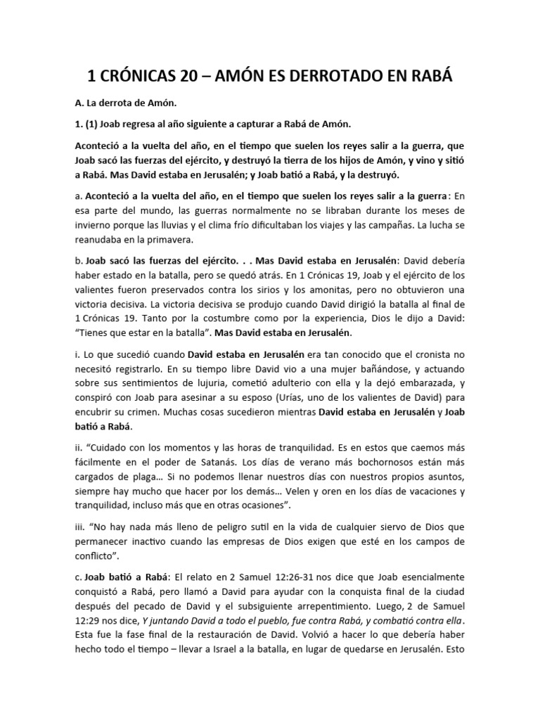 1 Crónicas 20 - Amón Es Derrotado en Rabá | PDF | David | Goliat