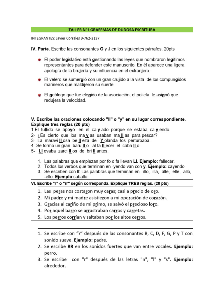 Taller N°1. Grafemas de Dudosa Escritura | PDF