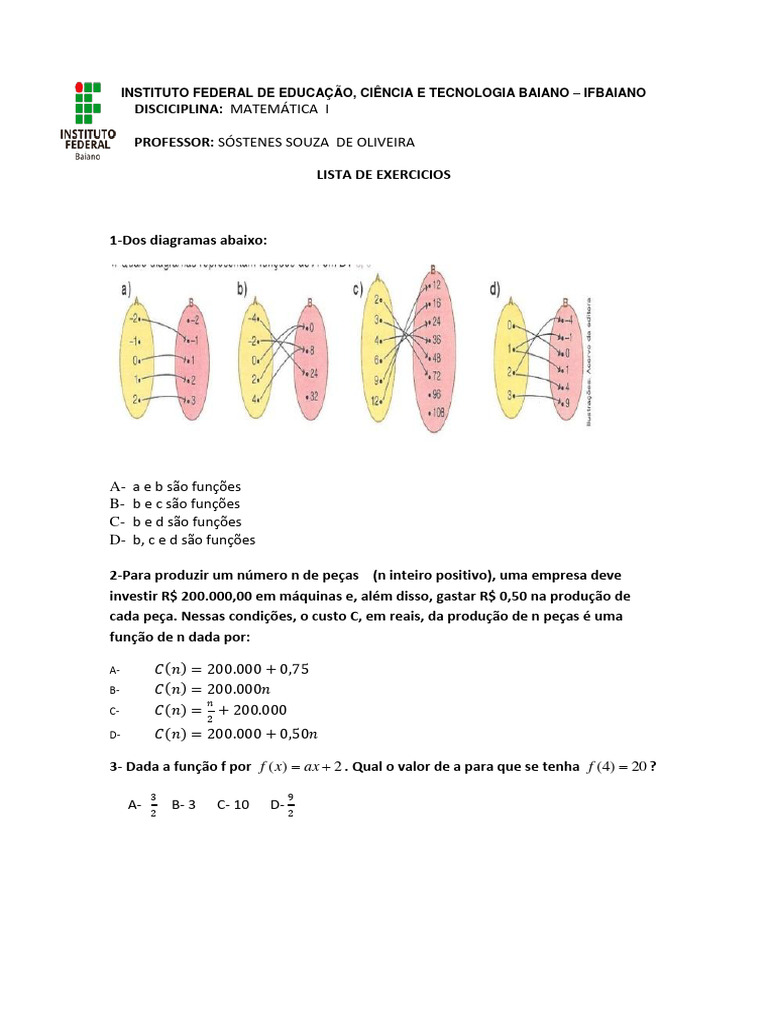 Lista de Exercícios Noções de Funções | PDF | Função (Matemática)