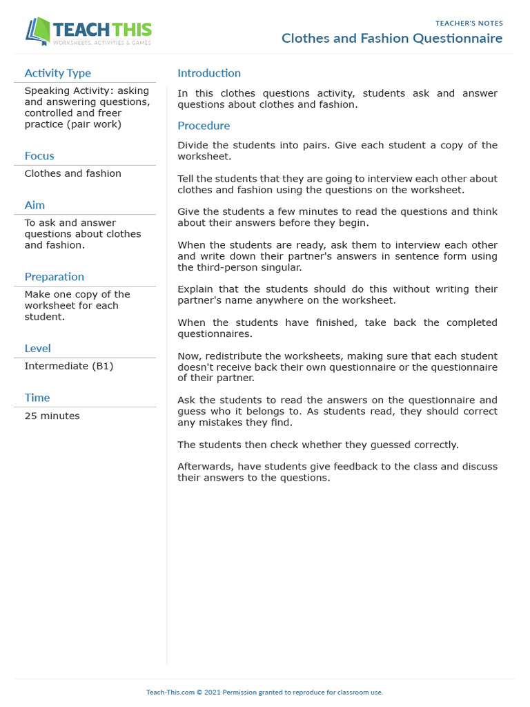 Clothes and Fashion Questionnaire | PDF | Questionnaire | Clothing