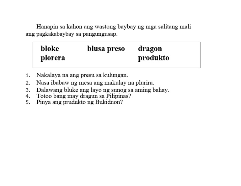 Hanapin Sa Kahon Ang Wastong Baybay NG Mga Salitang Mali Ang ...