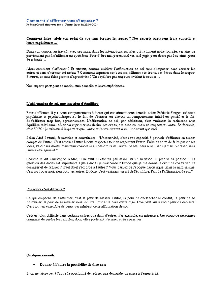 S'affirmer sans s'imposer | PDF | Thérapie cognitivo-comportementale ...