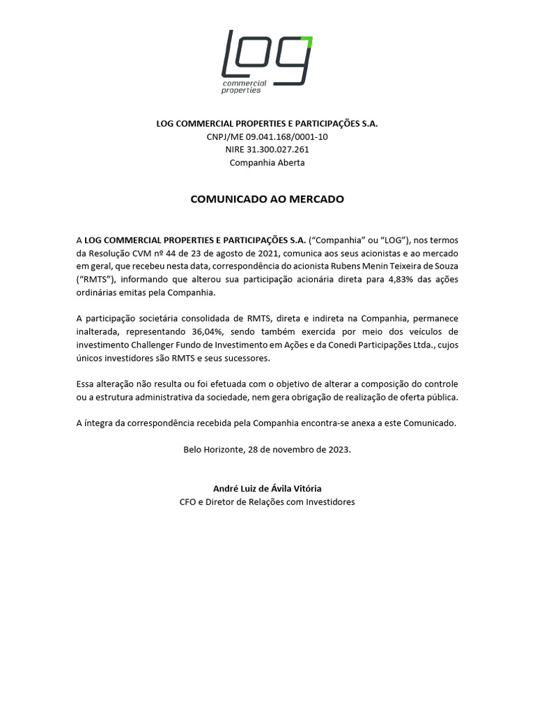 Comunicado Ao Mercado: Log Commercial Properties E Participações S.A ...