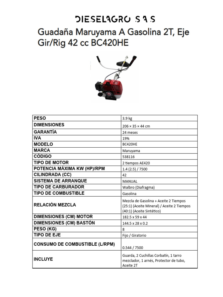 Fichas Técnicas Guadañas Maruyama | PDF | Carburador | Motor de combustión interna