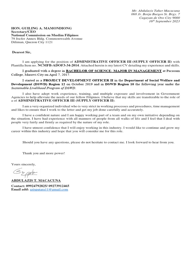 Letter of Application Adof3 34 Azzy | PDF Letter of Application Adof3 34 Azzy | PDF