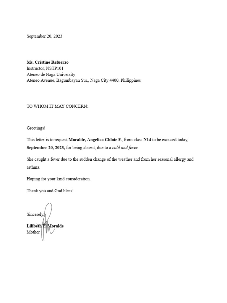 Excuse Letter for Student's Absence | PDF