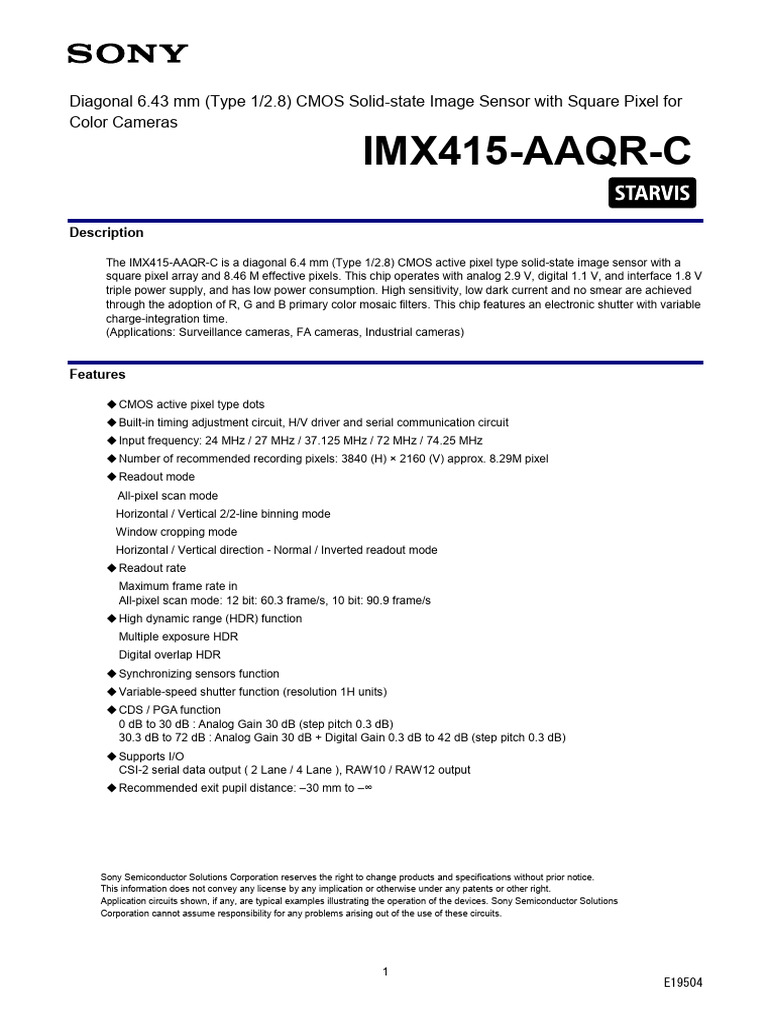 Sony Imx415 Datasheet | PDF | Pixel | Camera