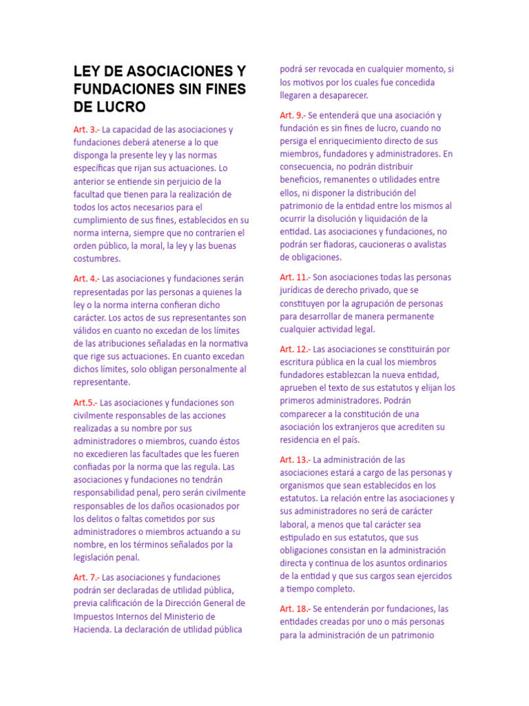 Ley de Asociaciones y Fundaciones Sin Fines de Lucro | PDF | Fundación (sin fines de lucro ...