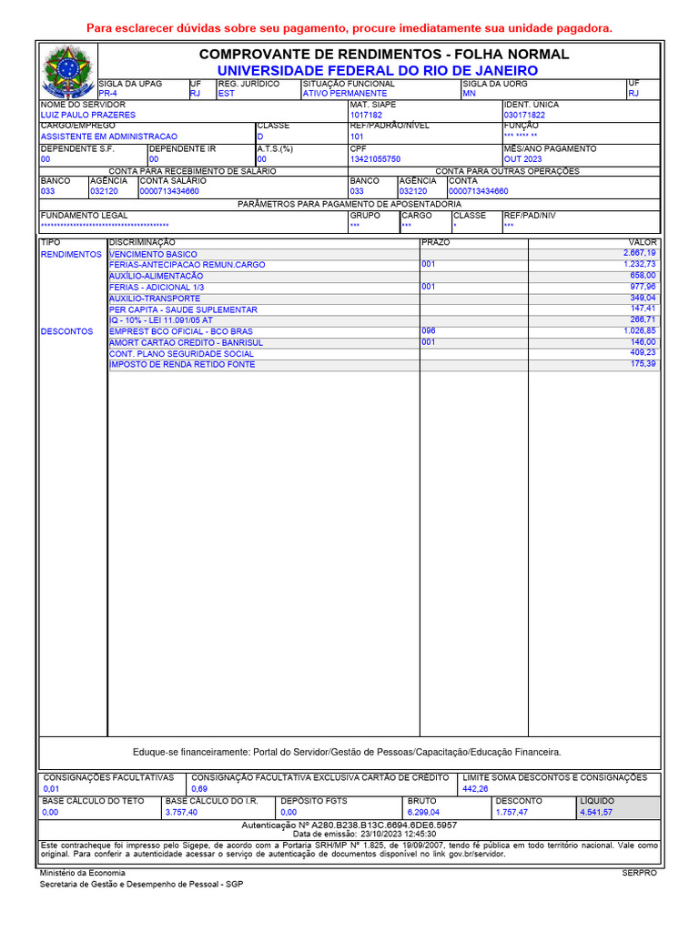 Contracheque 10 2023-2 | PDF | Crédito | Finanças e Administração de ...