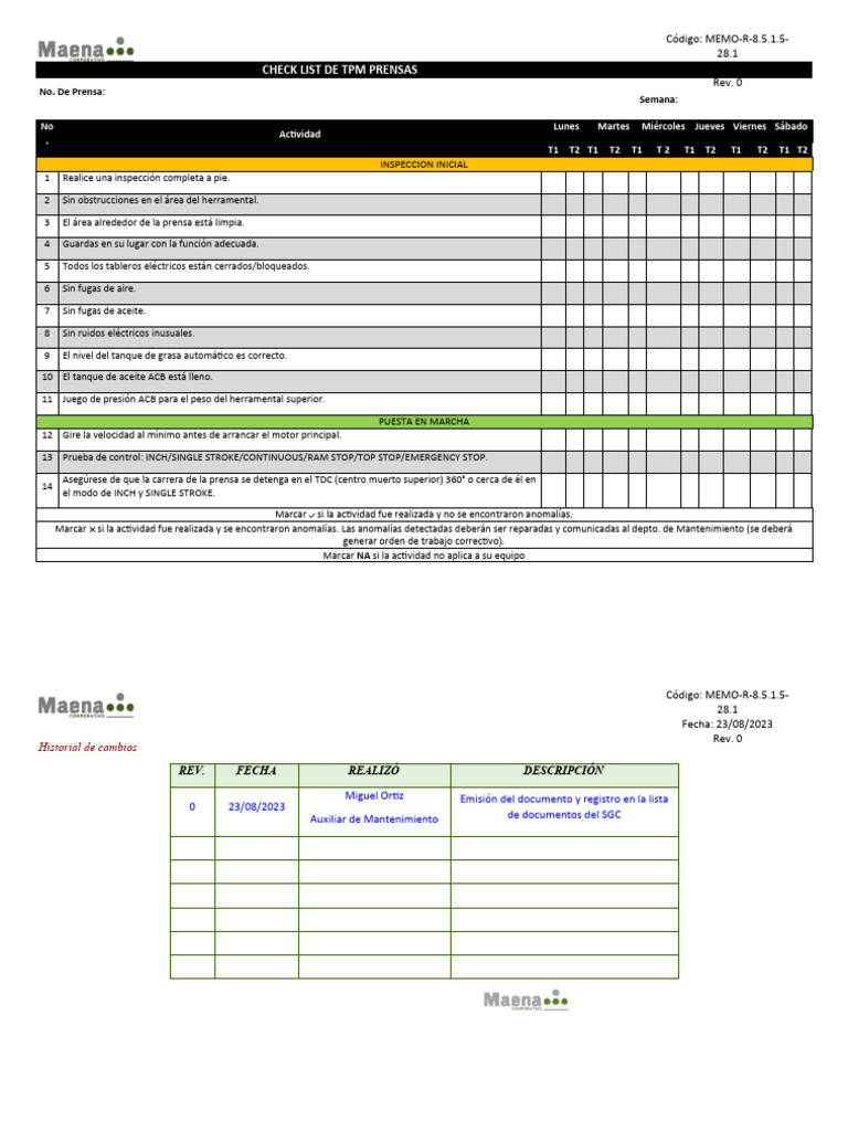 Check List TPM para Prensas | PDF