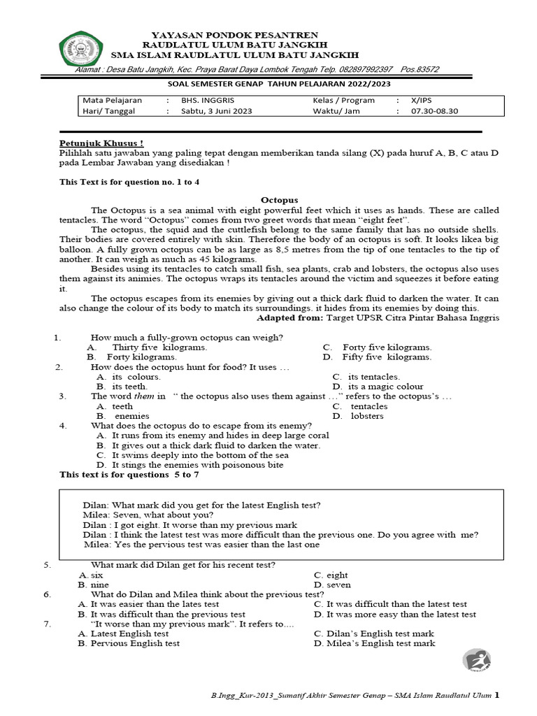 Soal Bahasa. Inggris Kls 10 Smai Ru Genap 2023 | PDF