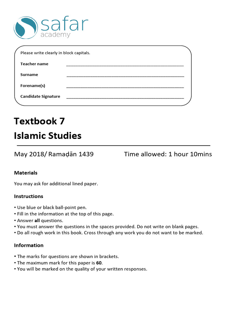 Safar Academy Textbook 7 Exam Paper 18 - FINAL | PDF | Hadith | Sharia