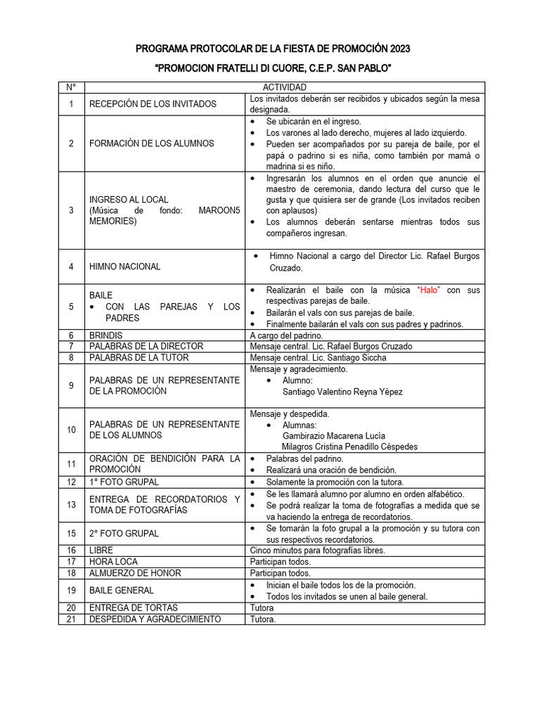 Programa Protocolar de La Fiesta de Promocion | PDF