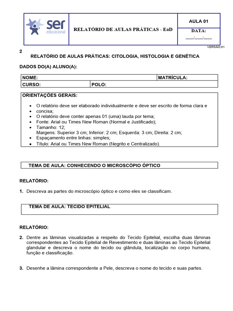Relatório de Aulas Práticas Ead - Aula 01 Bases Da Biologia Celular, Molecular e Tecidual | PDF