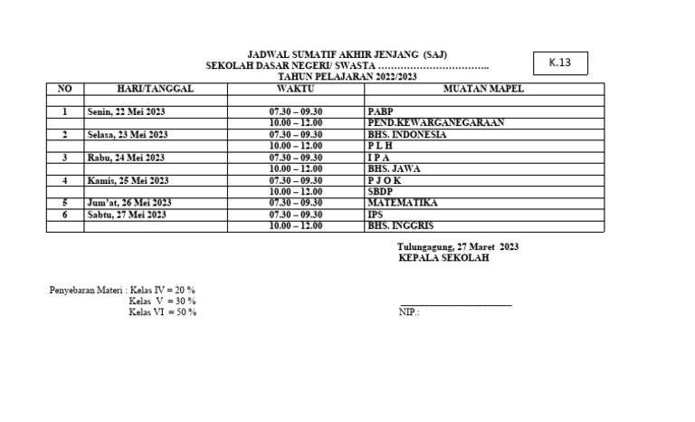 Jadwal Saj 2022 - 2023 | PDF