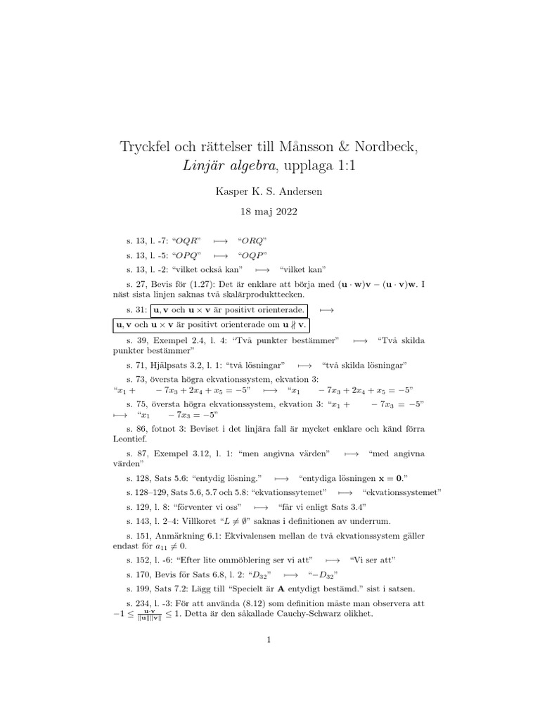 Tryckfel Lin Alg | PDF
