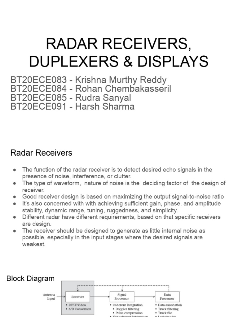 Radar Receivers, Duplexers & Displays | PDF | Radar | Filter (Signal Processing)