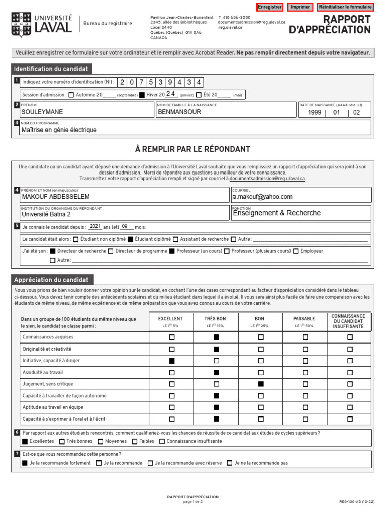 Rapport d'appréciation candidat ULaval | PDF