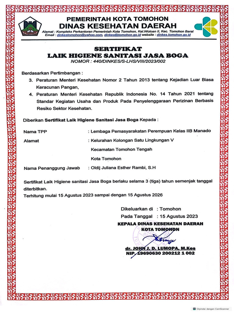 Sertifikat Laik Higiene 2023 | PDF