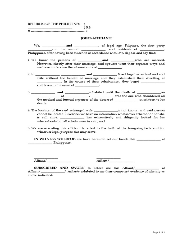 Joint Affidavit of Unknown Whereabouts of The Legal Spouse | PDF