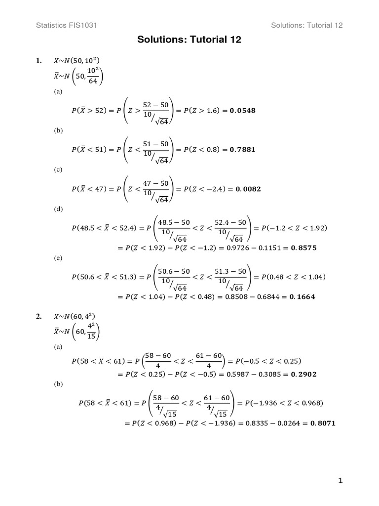 Tutorial 12 Sample Mean Distribution - SOLUTIONS | PDF | Statistical ...