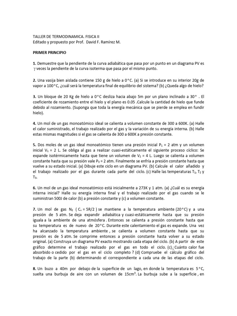 Taller de Termodinamica | PDF | Gases | Temperatura
