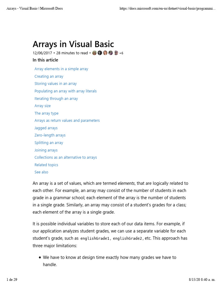 Arrays Visual Basic Microsoft Docs Pdf Data Type Parameter Computer Programming